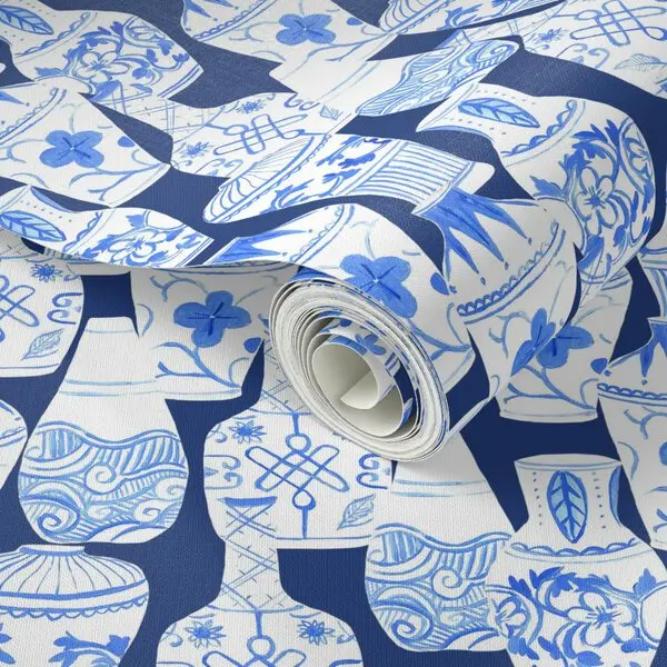 Spoonflower Chinese Vases White Painted China Navy Custom Removable Wallpaper - Blue