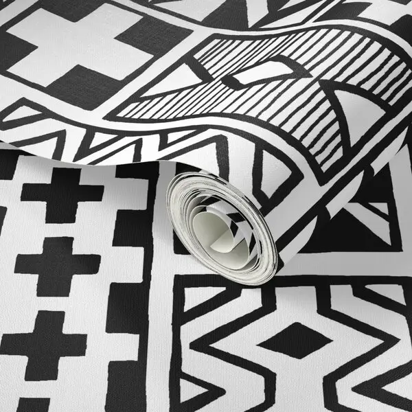 Spoonflower Black Graphic Modern Geometric Tribal Custom Pre-pasted Wallpaper - Black,white,gray