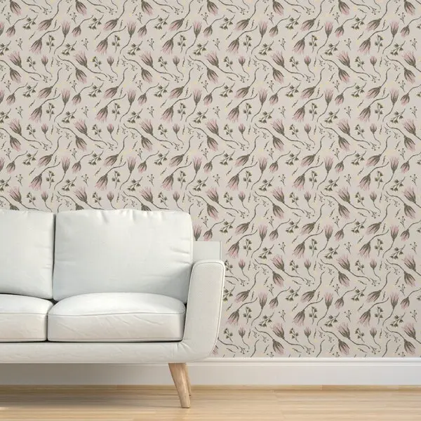 Spoonflower Florals Grey 100% Natural Sisal Grasscloth Wallcovering
