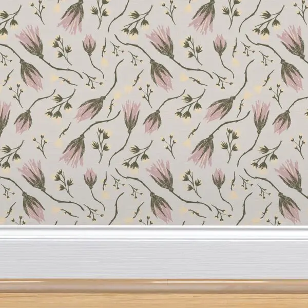 Spoonflower Florals Grey 100% Natural Sisal Grasscloth Wallcovering