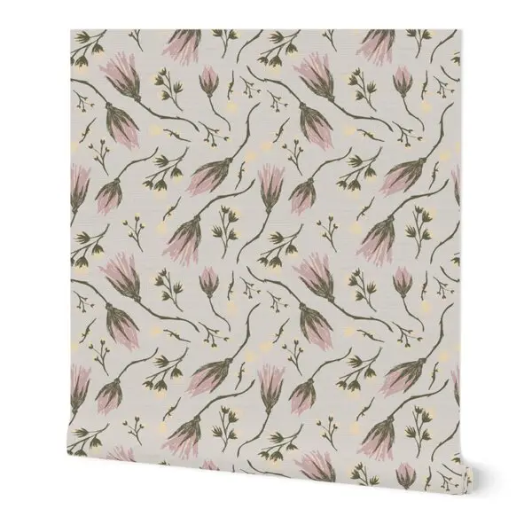 Spoonflower Florals Grey 100% Natural Sisal Grasscloth Wallcovering