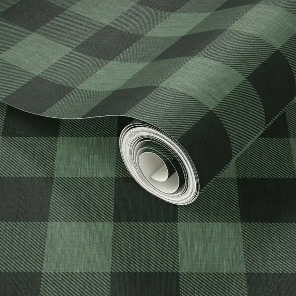 Spoonflower Green Check Hunter Northwoods Black And Buffalo Custom Pre-pasted Wallpaper - Green,black