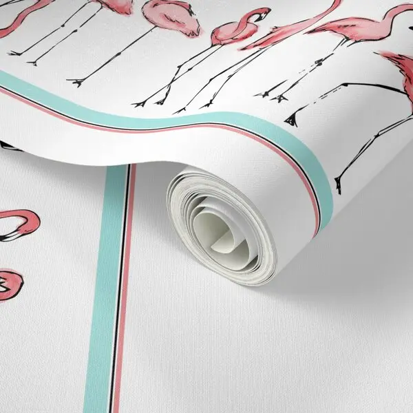 Spoonflower Flamingo Pink Bird Tropical Beach Custom Pre-pasted Wallpaper - Gray,teal,red