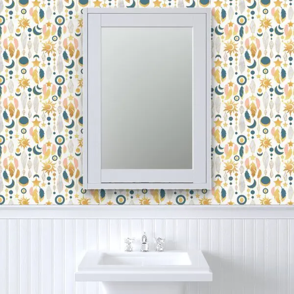 Spoonflower Bohemian Feathers Sun Moon Gems Boho Crystals Custom Removable Wallpaper