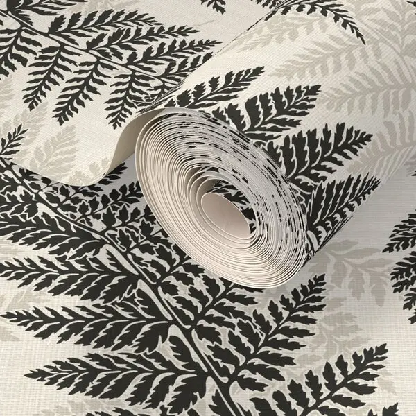 Spoonflower Forest Ferns White & Black 100% Natural Sisal Grasscloth Wallcovering - Black,white