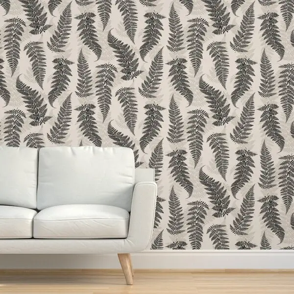 Spoonflower Forest Ferns White & Black 100% Natural Sisal Grasscloth Wallcovering