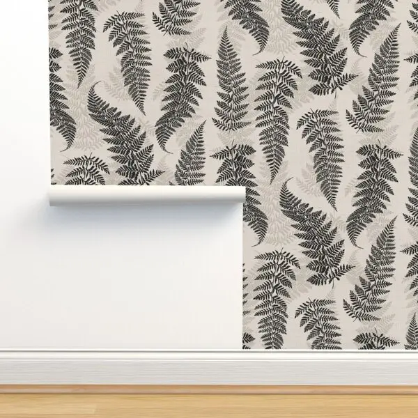 Spoonflower Forest Ferns White & Black 100% Natural Sisal Grasscloth Wallcovering