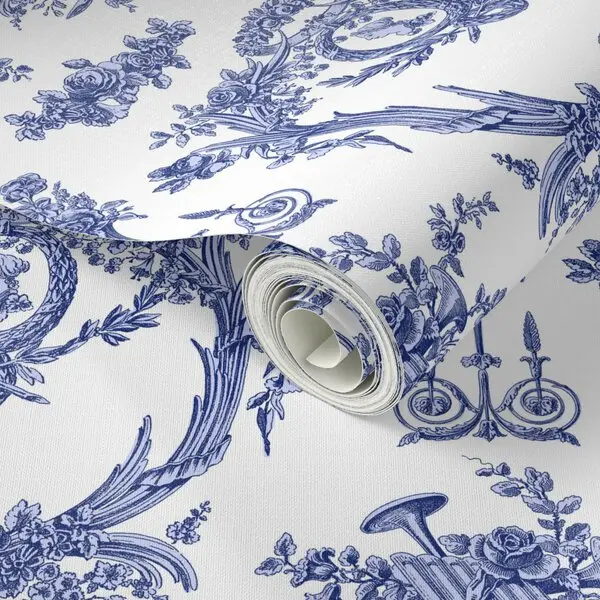 Spoonflower Toile De Jouy Navy Blue And White Ink Flowers Custom Removable Wallpaper - Blue,white,gray