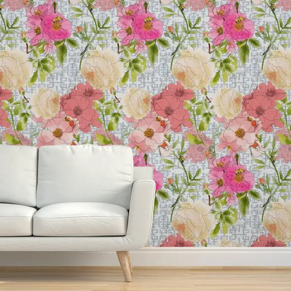 Spoonflower Floral Chinoiserie Large Jaf Studio 100% Natural Sisal Grasscloth Wallcovering