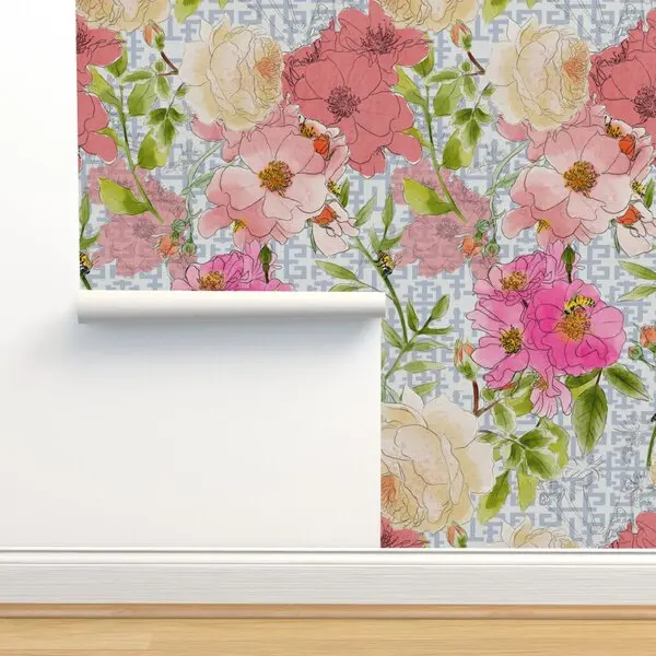Spoonflower Floral Chinoiserie Large Jaf Studio 100% Natural Sisal Grasscloth Wallcovering