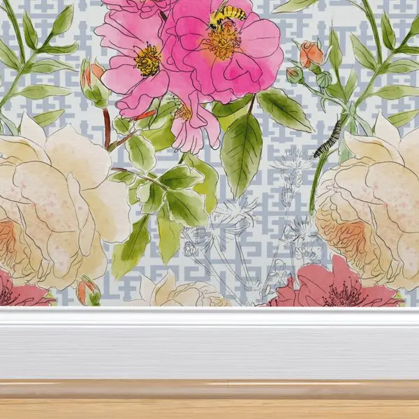 Spoonflower Floral Chinoiserie Large Jaf Studio 100% Natural Sisal Grasscloth Wallcovering