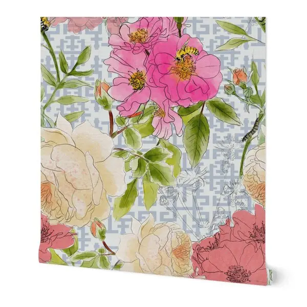 Spoonflower Floral Chinoiserie Large Jaf Studio 100% Natural Sisal Grasscloth Wallcovering