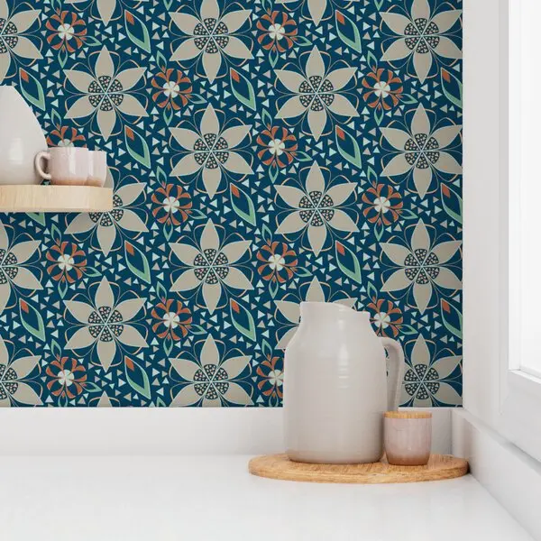 Spoonflower Triangles Mosaic Burnt Orange Star Flower Blue And Custom Removable Wallpaper