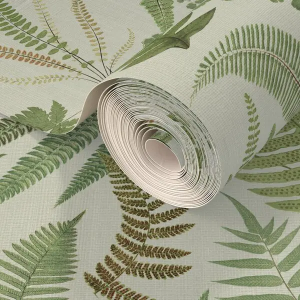 Spoonflower Ferns Of A Feather On Buff 100% Natural Sisal Grasscloth Wallcovering - Green