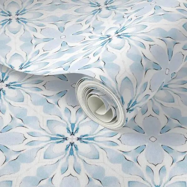 Spoonflower Floral Geometric Tile Spring Summer Custom Removable Wallpaper - Blue