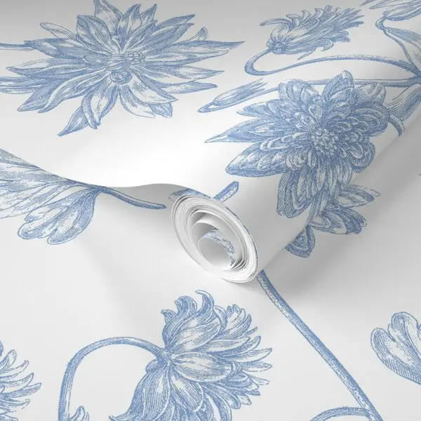 Spoonflower Flowers Floral Bee Blue And White Botanical Toile Custom Pre-pasted Wallpaper - Gray,blue