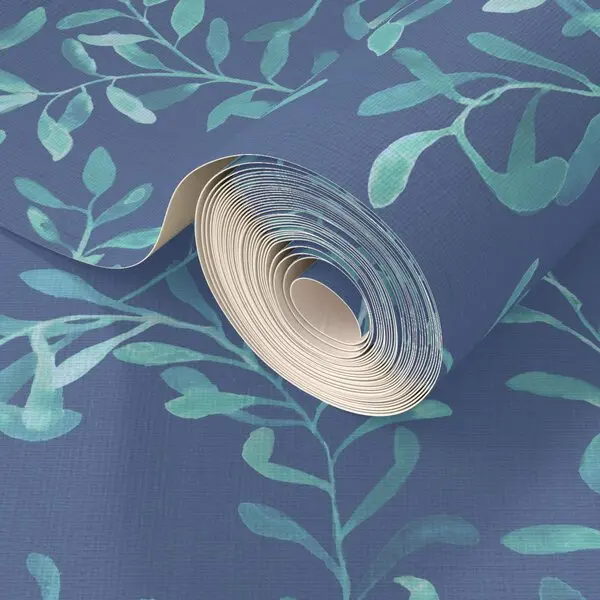 Spoonflower Foliage ~ Twilight 100% Natural Sisal Grasscloth Wallcovering - Blue,navy