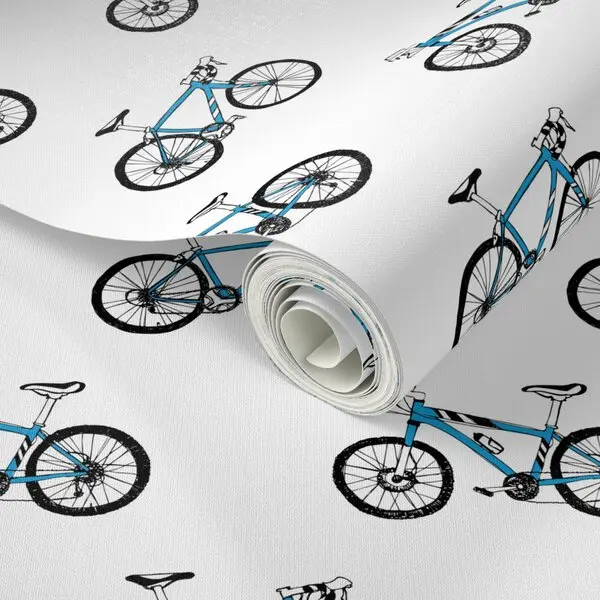 Spoonflower Racing Bike Bicycle Line Drawing Sport Custom Removable Wallpaper - Blue,gray