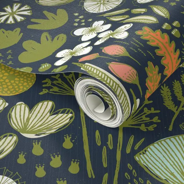 Spoonflower Green Botanical Navy Spring Floral Flowers Chic Traditional Wallpaper - Green,sage,blue