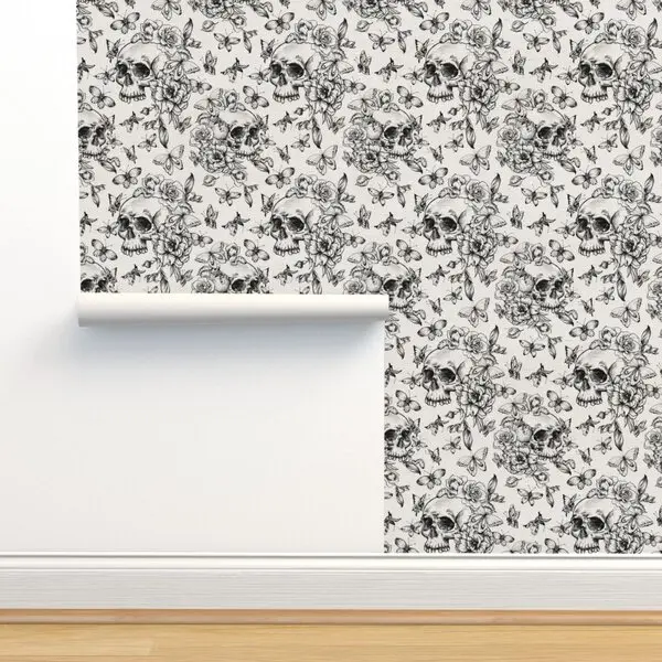 Spoonflower Floral Skull 100% Natural Sisal Grasscloth Wallcovering