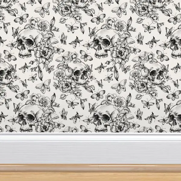 Spoonflower Floral Skull 100% Natural Sisal Grasscloth Wallcovering