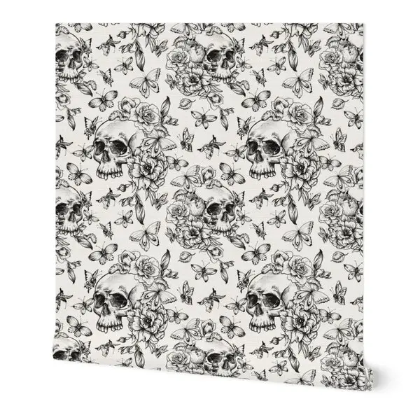 Spoonflower Floral Skull 100% Natural Sisal Grasscloth Wallcovering