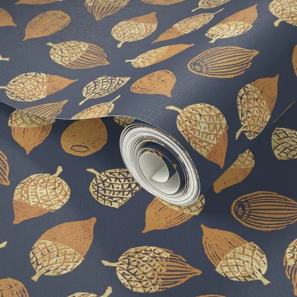 Spoonflower Acorns On Navy Rubberstamp Bayeuxpalette Custom Removable Wallpaper - Gray,orange,brown