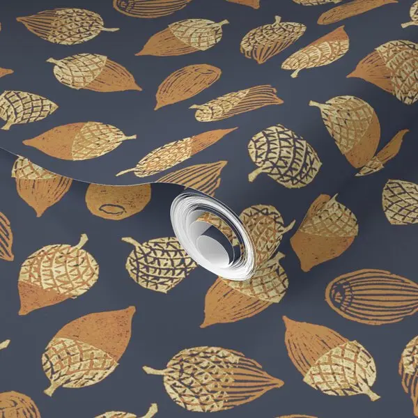 Spoonflower Acorns On Navy Rubberstamp Bayeuxpalette Custom Pre-pasted Wallpaper - Gray,orange,brown
