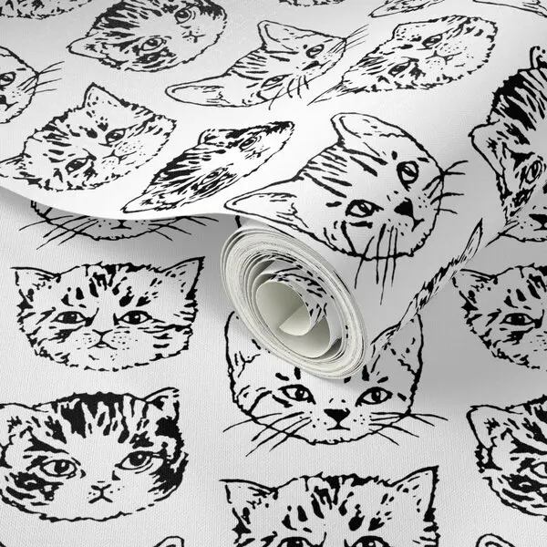Spoonflower Cat Black White Kitty Kitten Animal Hipster Custom Removable Wallpaper - Black,white,gray