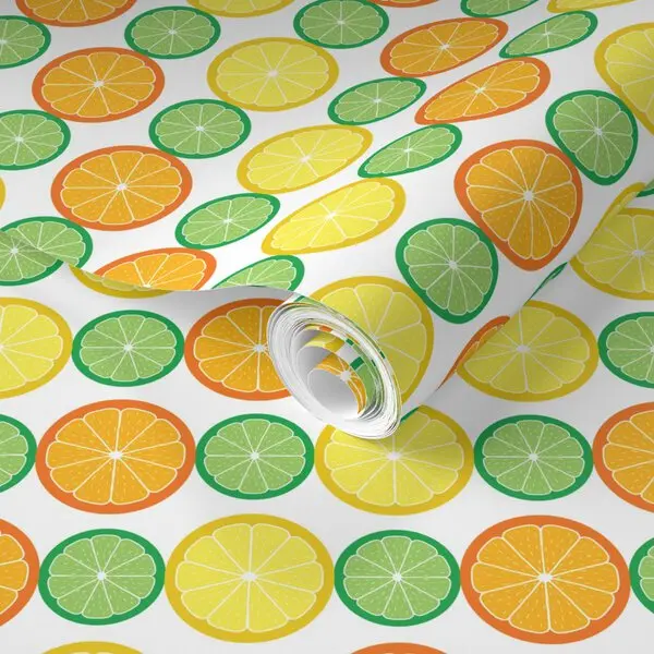 Spoonflower Fruit Kitchen Oranges Lemons Limes Citrus Summer Custom Removable Wallpaper - Green,mint,orange