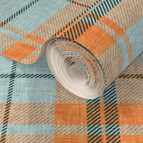 Spoonflower Fall Plaid Orange Blue Lad21 100% Natural Sisal Grasscloth Wallcovering - Brown,orange