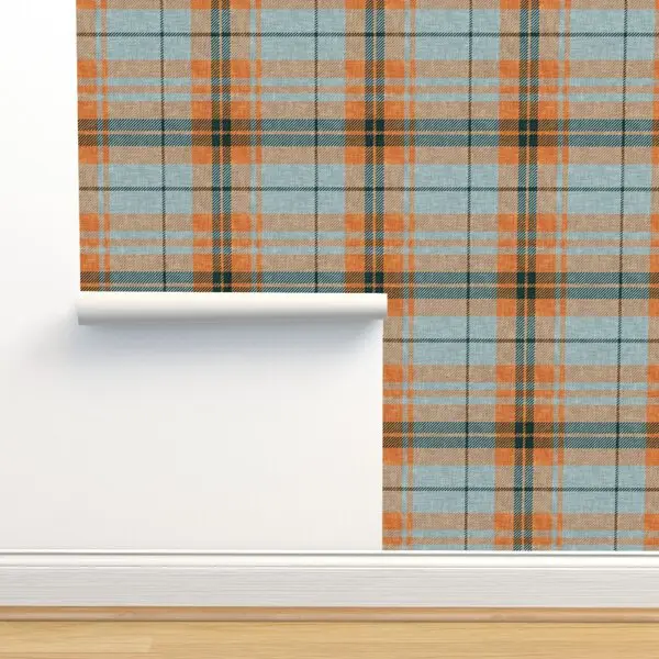 Spoonflower Fall Plaid Orange Blue Lad21 100% Natural Sisal Grasscloth Wallcovering - Brown,orange