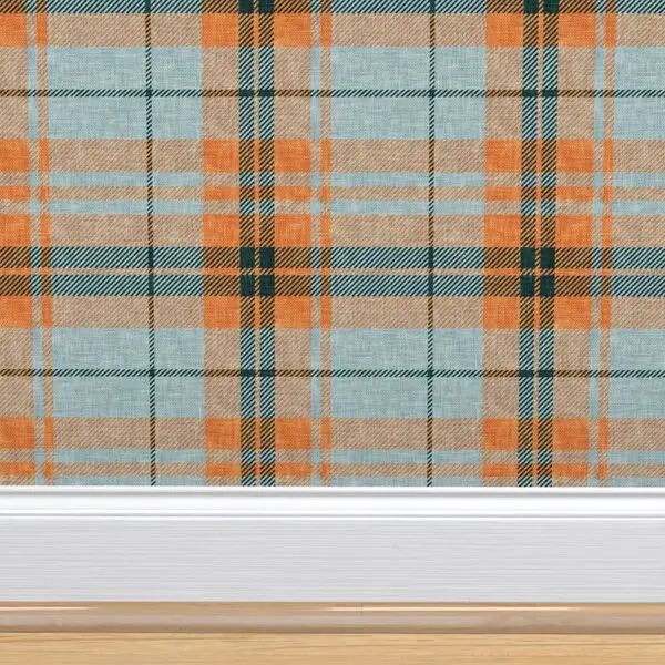 Spoonflower Fall Plaid Orange Blue Lad21 100% Natural Sisal Grasscloth Wallcovering - Brown,orange