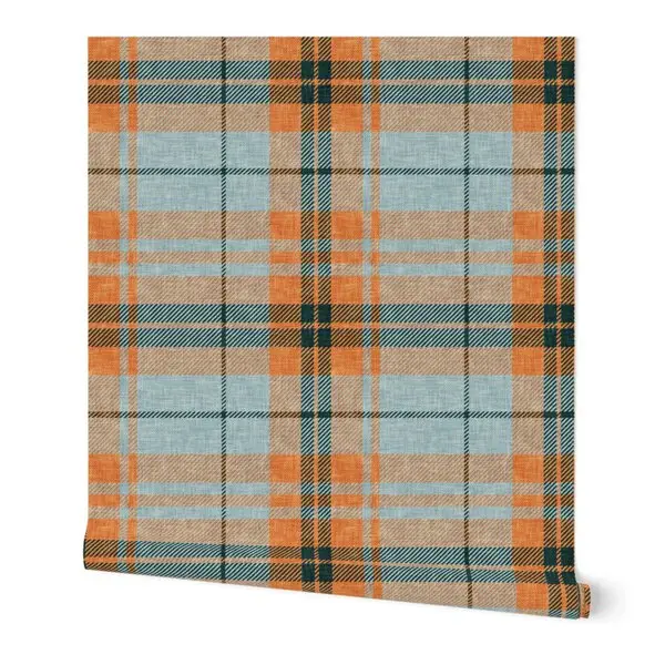 Spoonflower Fall Plaid Orange Blue Lad21 100% Natural Sisal Grasscloth Wallcovering - Brown,orange