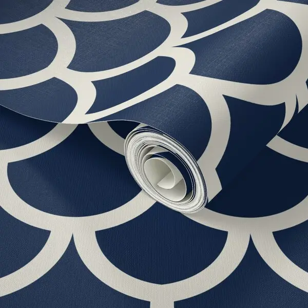 Spoonflower Fish Scales Navy Scale Ocean Sea Mermaid Custom Removable Wallpaper - Blue,gray