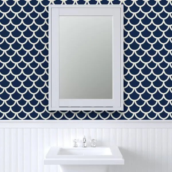 Spoonflower Fish Scales Navy Scale Ocean Sea Mermaid Custom Removable Wallpaper - Blue,gray