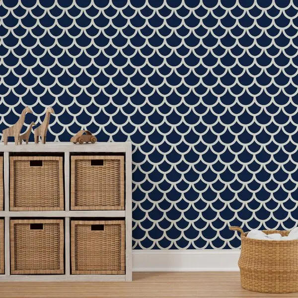 Spoonflower Fish Scales Navy Scale Ocean Sea Mermaid Custom Removable Wallpaper - Blue,gray