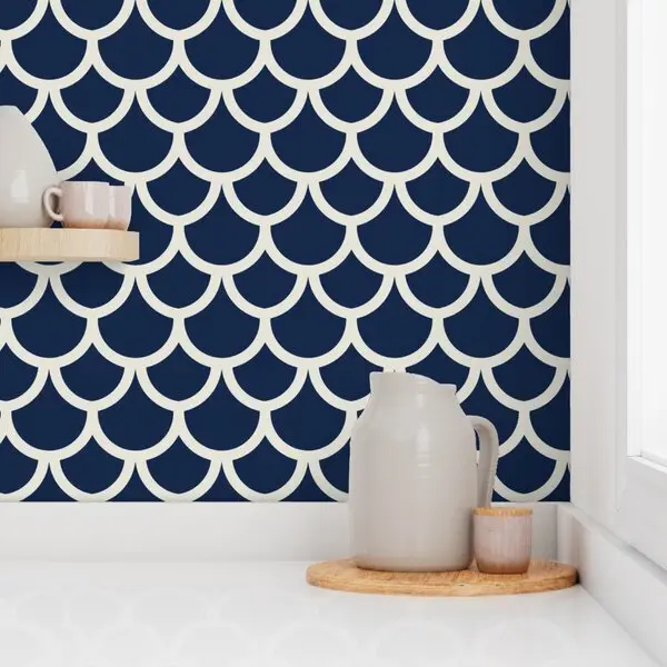 Spoonflower Fish Scales Navy Scale Ocean Sea Mermaid Custom Removable Wallpaper - Blue,gray