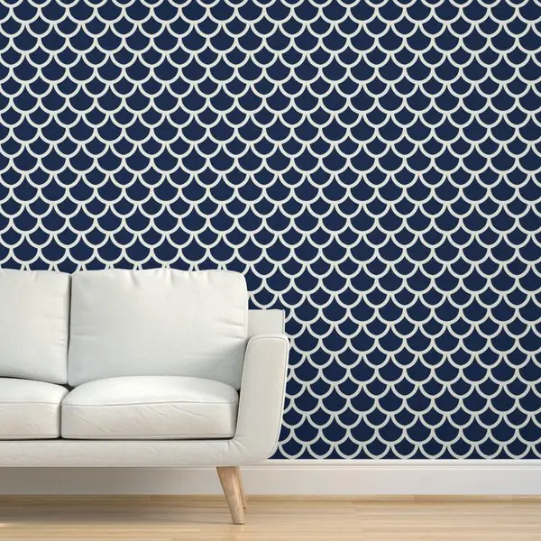 Spoonflower Fish Scales Navy Scale Ocean Sea Mermaid Custom Removable Wallpaper - Blue,gray