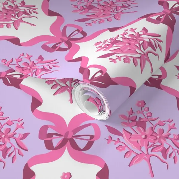 Spoonflower Princess Bouquet Damask Flowers Pink White Custom Pre-pasted Wallpaper - Pink,purple,white