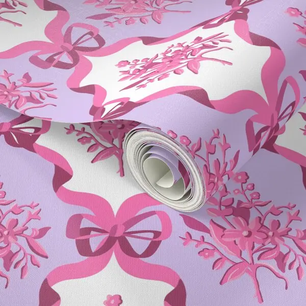 Spoonflower Princess Bouquet Damask Flowers Pink White Custom Pre-pasted Wallpaper - Pink,purple,white