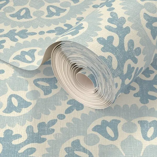 Spoonflower Folk Art Medallion Large Soft Blues 100% Natural Sisal Grasscloth Wallcovering - Blue