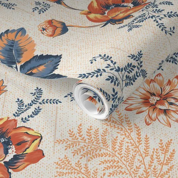 Spoonflower Cottage Soft Flower Vintage Blue Floral Retro Traditional Wallpaper - Orange,blue
