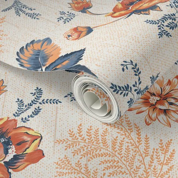 Spoonflower Cottage Soft Flower Vintage Blue Floral Retro Custom Pre-pasted Wallpaper - Orange,blue