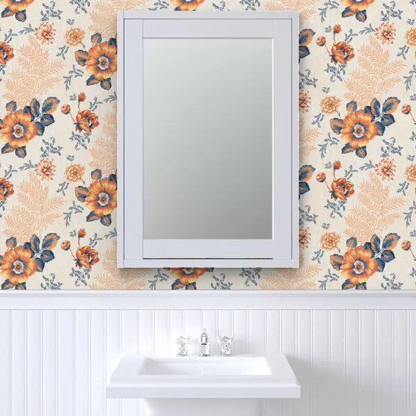 Spoonflower Cottage Soft Flower Vintage Blue Floral Retro Custom Pre-pasted Wallpaper - Orange,blue
