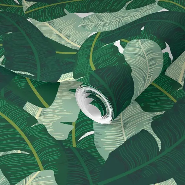 Spoonflower Classic Banana Leaves Palm Leaf Tropical Custom Removable Wallpaper - Green
