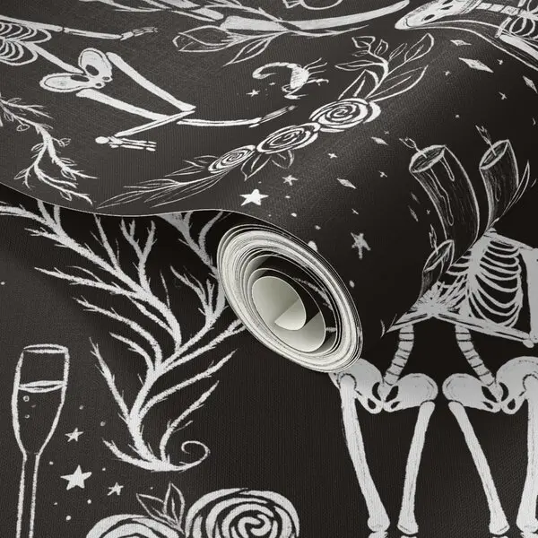 Spoonflower Death Gothic Halloween Black White Skeletons Custom Pre-pasted Wallpaper - White,black