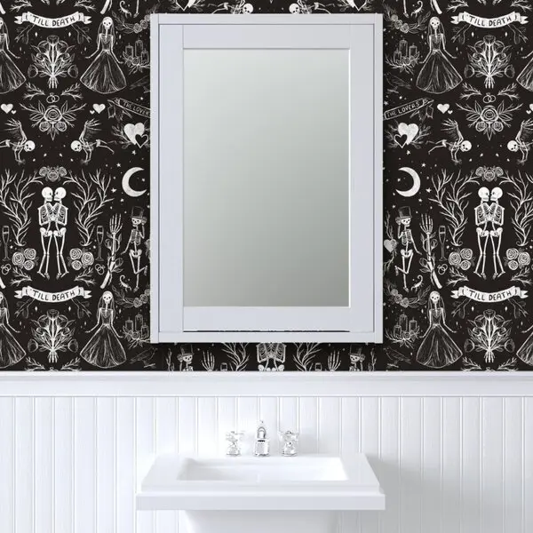 Spoonflower Death Gothic Halloween Black White Skeletons Custom Pre-pasted Wallpaper