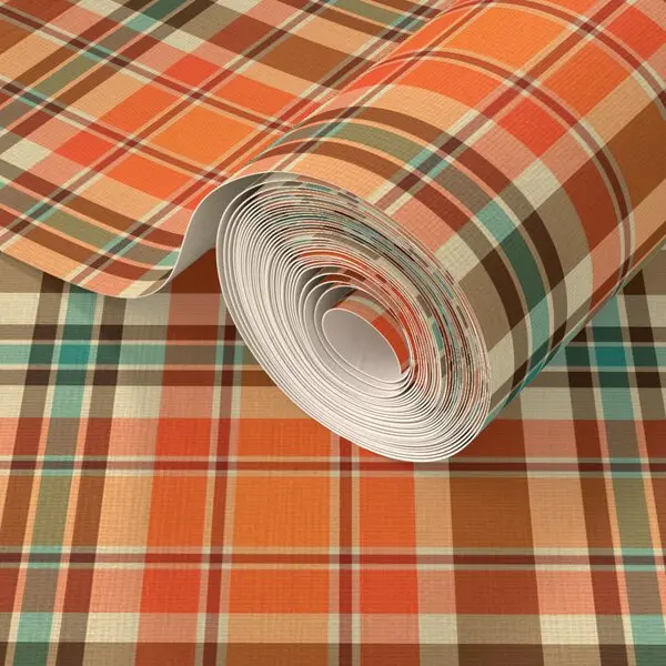 Spoonflower Fall Autumn Plaid Pattern Tartan 100% Natural Sisal Grasscloth Wallcovering - Orange