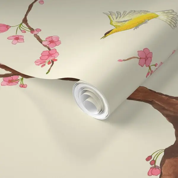 Spoonflower Cherry Blossoms Cream Chinoiserie Flowers Asian Custom Pre-pasted Wallpaper - Beige,pink,brown